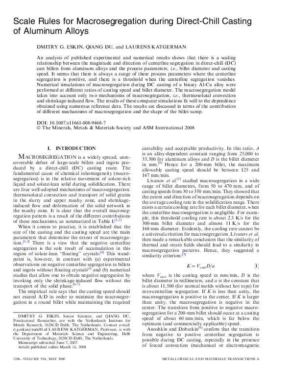 (PDF) Scale Rules for Macrosegregation during Direct-Chill Casting of Aluminum Alloys