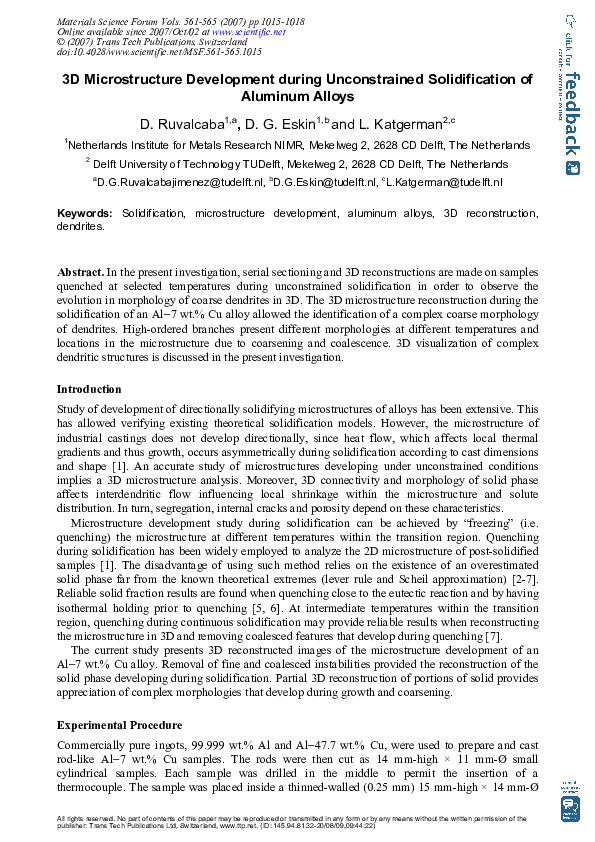 (PDF) 3D Microstructure Development during Unconstrained Solidification of Aluminum Alloys