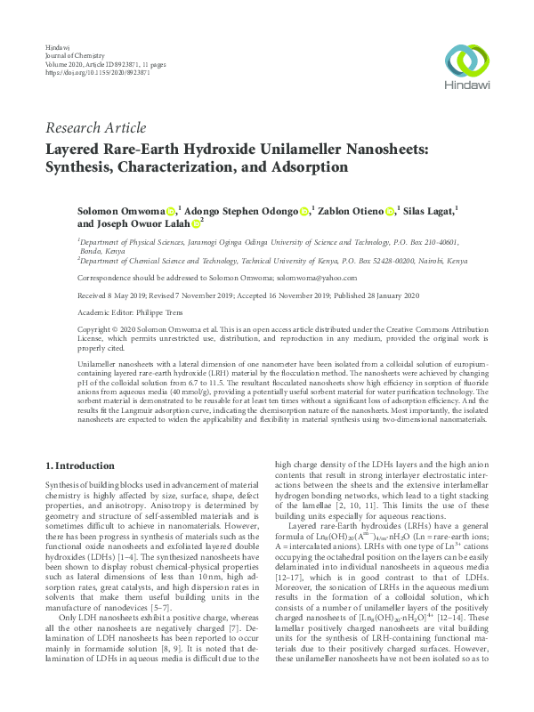 (PDF) Layered Rare-Earth Hydroxide Unilameller Nanosheets: Synthesis, Characterization, and ...