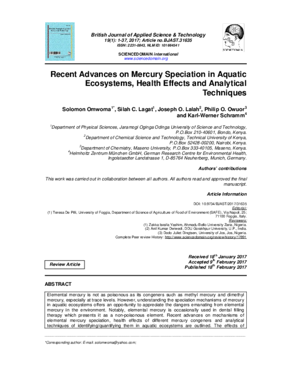 (PDF) Recent Advances on Mercury Speciation in Aquatic Ecosystems ...