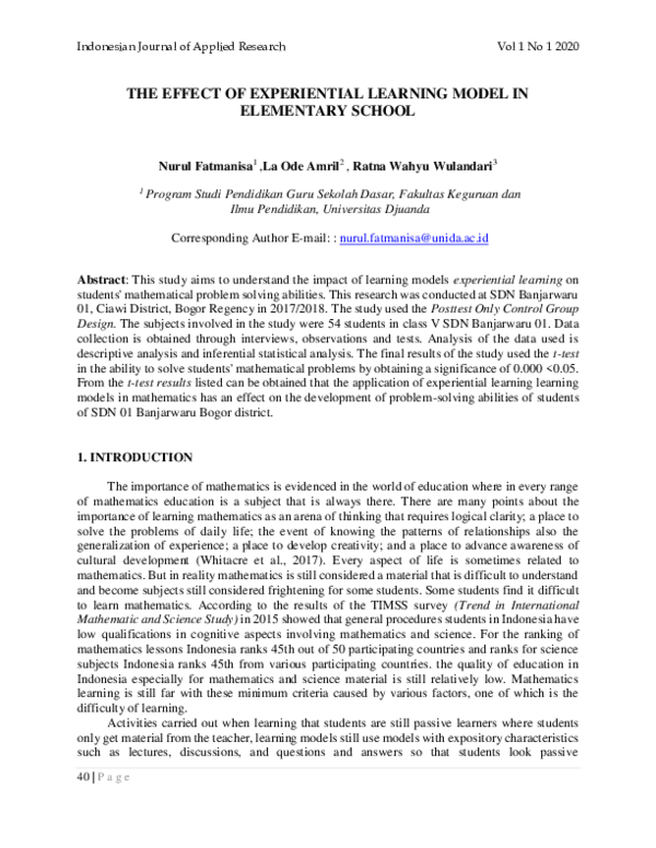 (PDF) The Effect of Experiential Learning Model in Elementary School