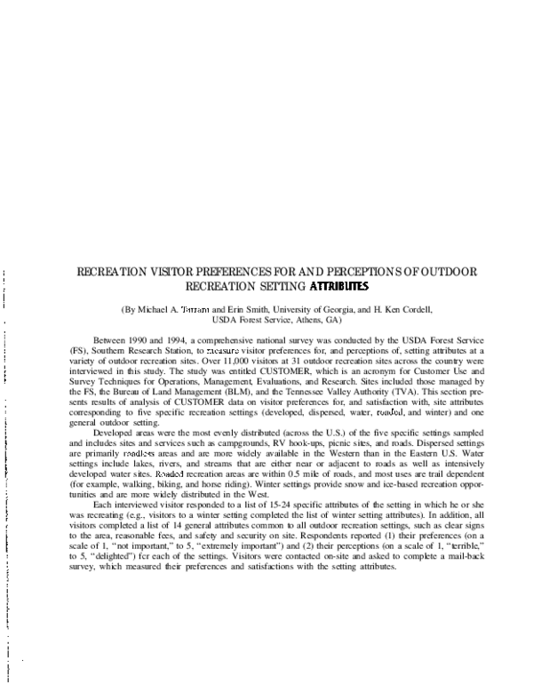 (PDF) RECREATION VISITOR PREFERENCES FOR AND PERCEPTIONS OF OUTDOOR ...