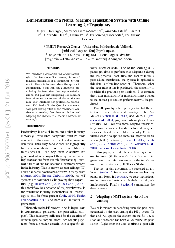 (PDF) Demonstration of a Neural Machine Translation System with Online ...