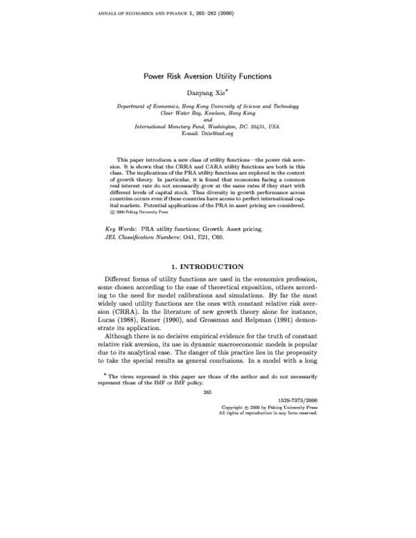 (PDF) Power risk aversion utility functions