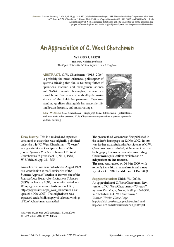 (PDF) C.W. Churchman's Impact on Systems Thinking and Ethics