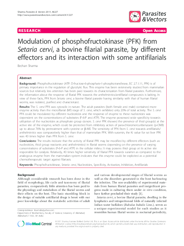 (PDF) Modulation of phosphofructokinase (PFK) from Setaria cervi, a ...