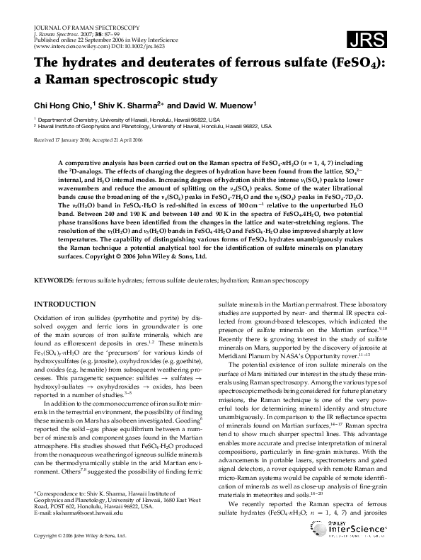 (PDF) The hydrates and deuterates of ferrous sulfate (FeSO4): a Raman ...