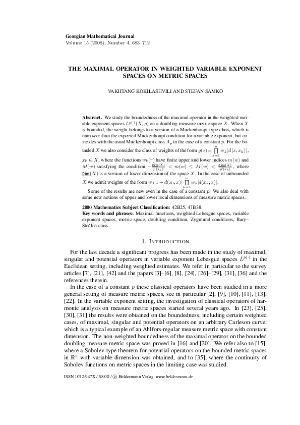 Pdf The Maximal Operator In Weighted Variable Exponent Spaces On Metric Spaces Vakhtang