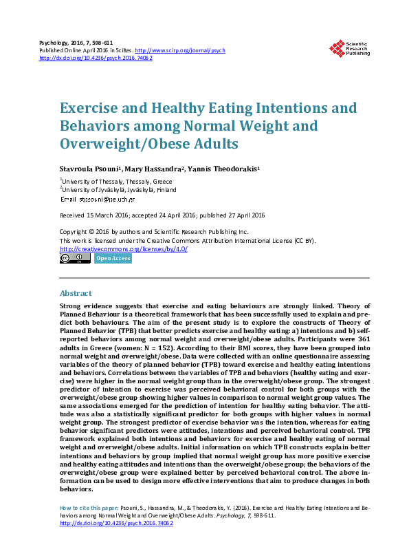 (PDF) Exercise and Healthy Eating Intentions and Behaviors among Normal ...