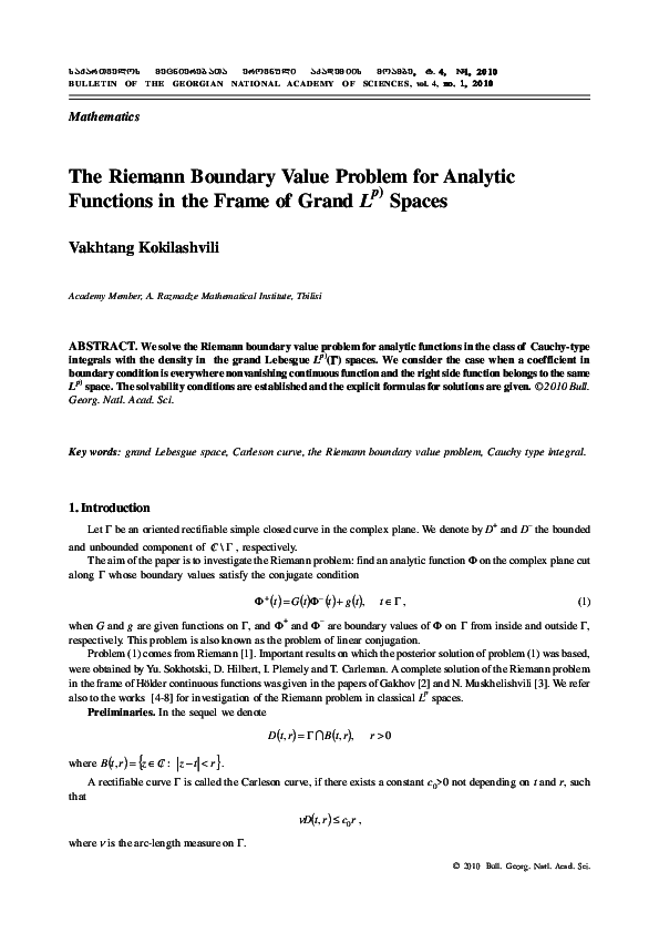 Pdf The Riemann Boundary Value Problem For Analytic Functions In The 