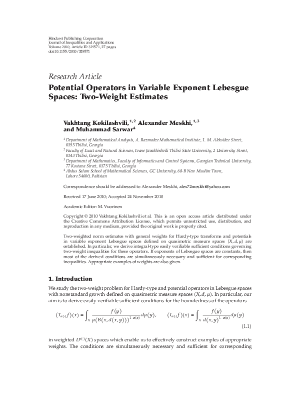 Pdf Potential Operators In Variable Exponent Lebesgue Spaces Two Weight Estimates