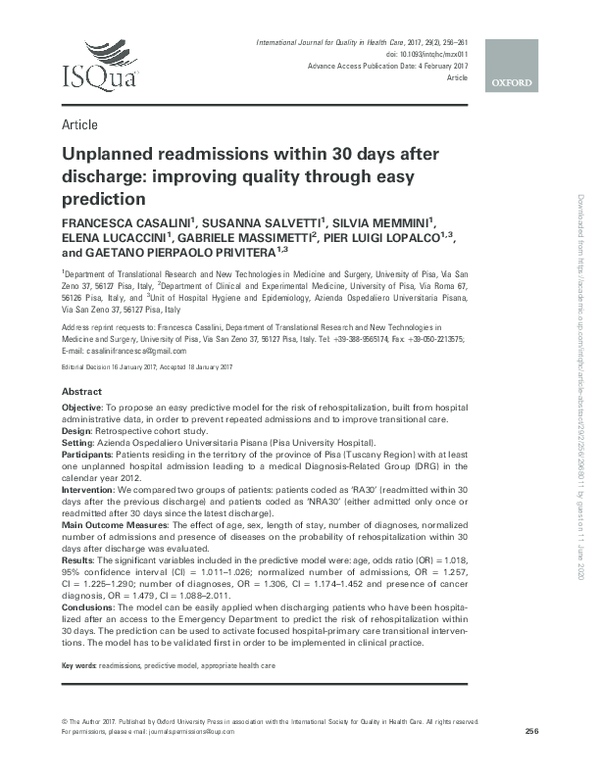 (PDF) Unplanned readmissions within 30 days after discharge: improving quality through easy ...