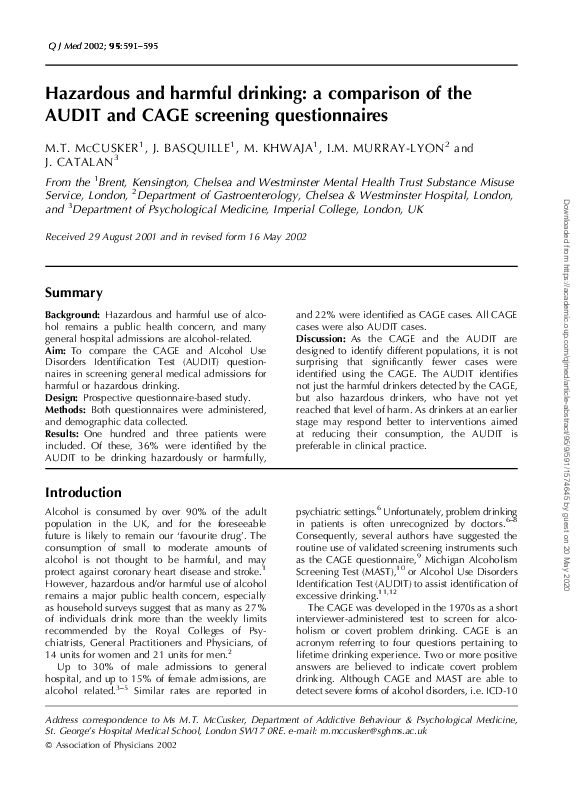 (PDF) Hazardous and harmful drinking: a comparison of the AUDIT and ...