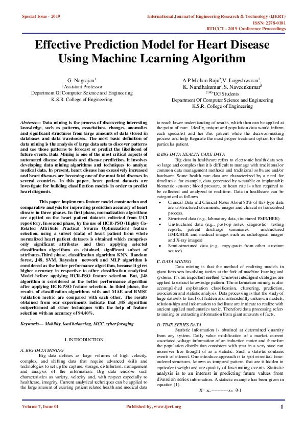 Pdf Ijert Effective Prediction Model For Heart Disease Using Machine Learning Algorithm