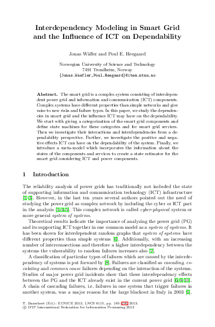 (PDF) Interdependency Modeling in Smart Grid and the Influence of ICT on Dependability