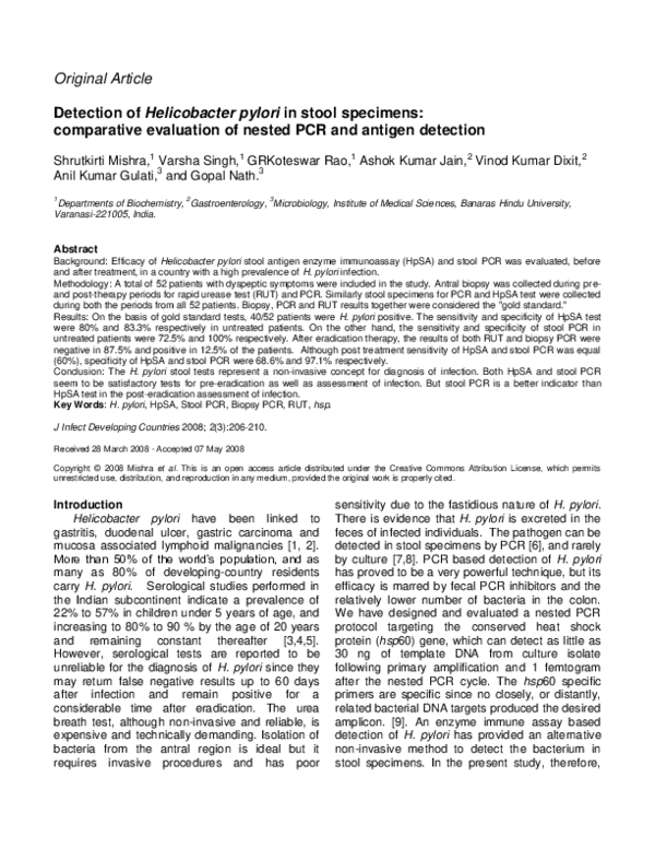Pdf Detection Of Helicobacter Pylori In Stool Specimens Comparative