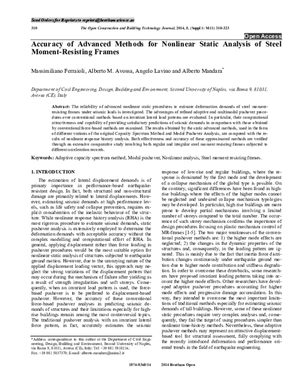 Pdf Accuracy Of Advanced Methods For Nonlinear Static Analysis Of Steel Moment Resisting Frames