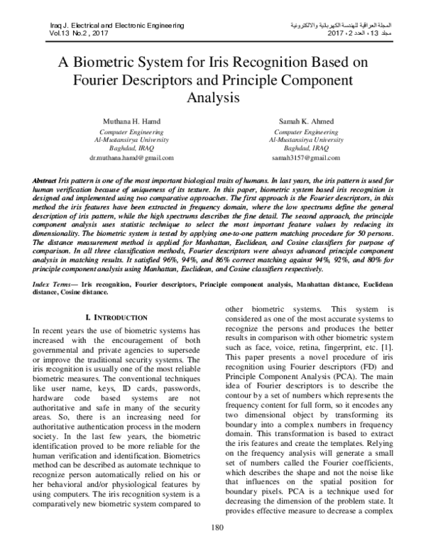 (PDF) Iris Recognition Using Fourier Descriptors PCA