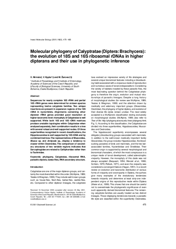 (PDF) Molecular phylogeny of Calyptratae (Diptera: Brachycera): the ...