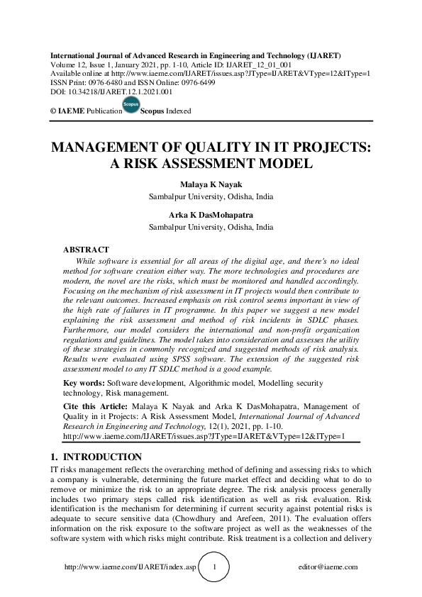 (PDF) MANAGEMENT OF QUALITY IN IT PROJECTS: A RISK ASSESSMENT MODEL