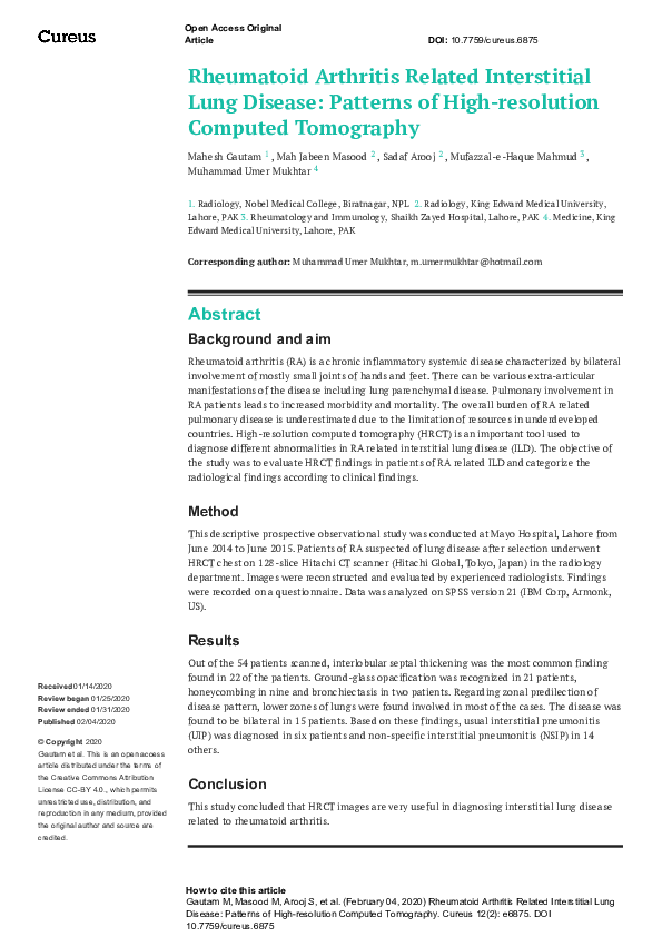 (PDF) Rheumatoid Arthritis Related Interstitial Lung Disease: Patterns ...