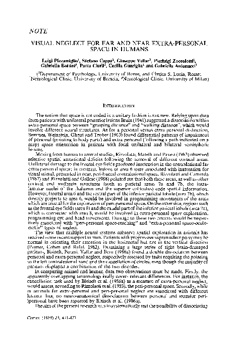 (PDF) Visual Neglect for Far and Near Extra-Personal Space in Humans