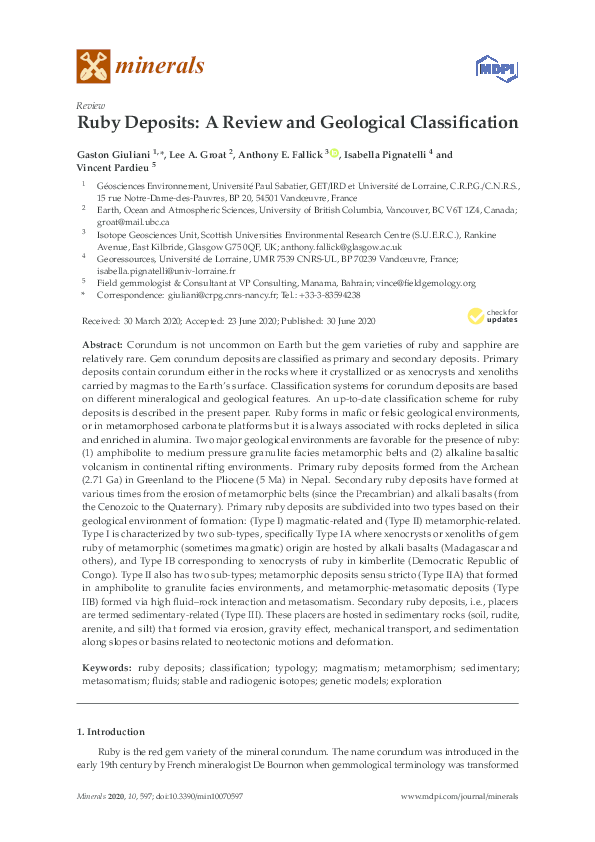 (PDF) Ruby Deposits: A Review and Geological Classification