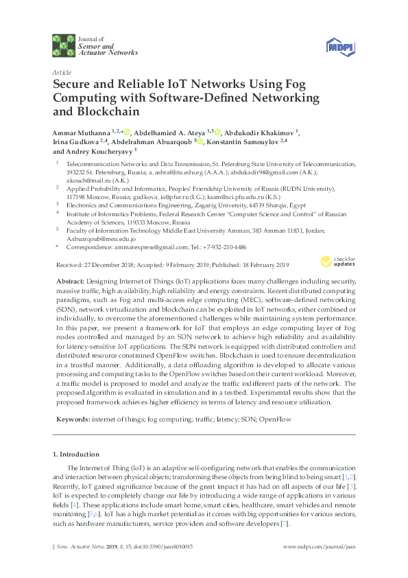 (PDF) Secure and Reliable IoT Networks Using Fog Computing with Software-Defined Networking and ...