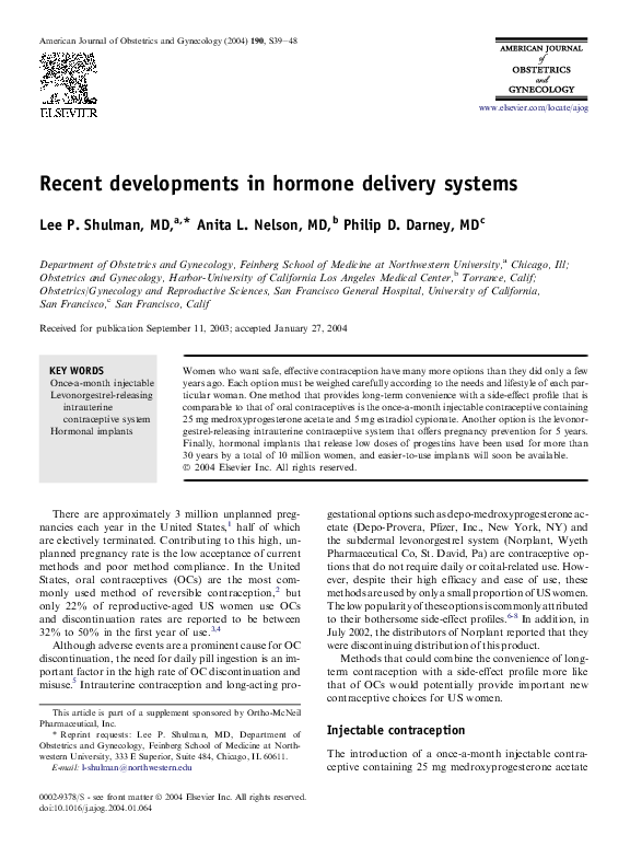 (PDF) Recent developments in hormone delivery systems