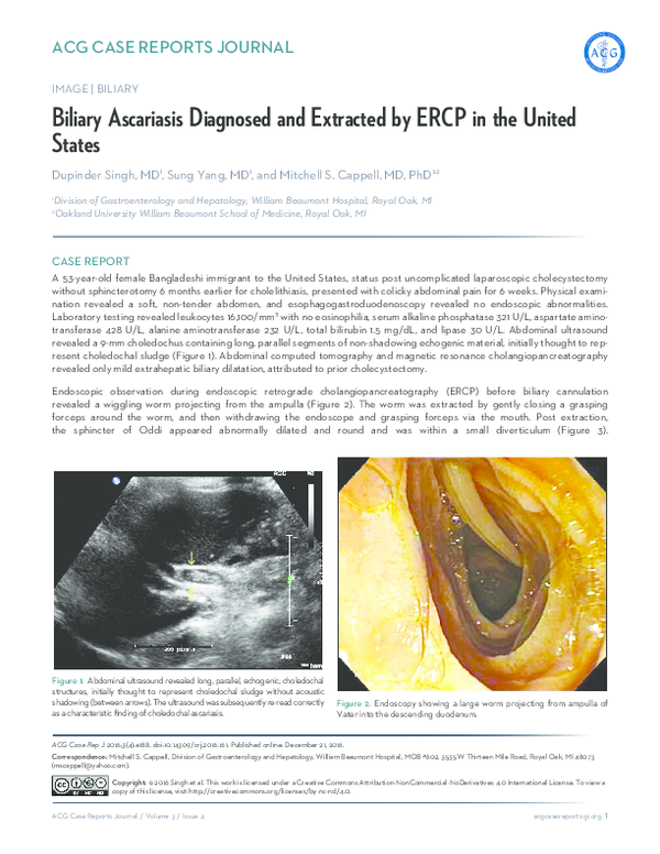 (PDF) Biliary Ascariasis Diagnosed and Extracted by ERCP in the United ...