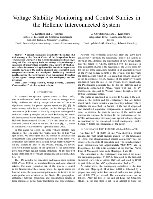 (PDF) Voltage stability monitoring and control studies in the Hellenic ...