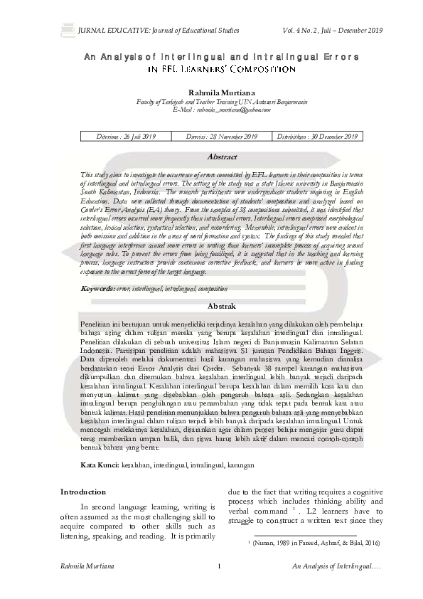(PDF) An Analysis of Interlingual and Intralingual Errors in EFL ...