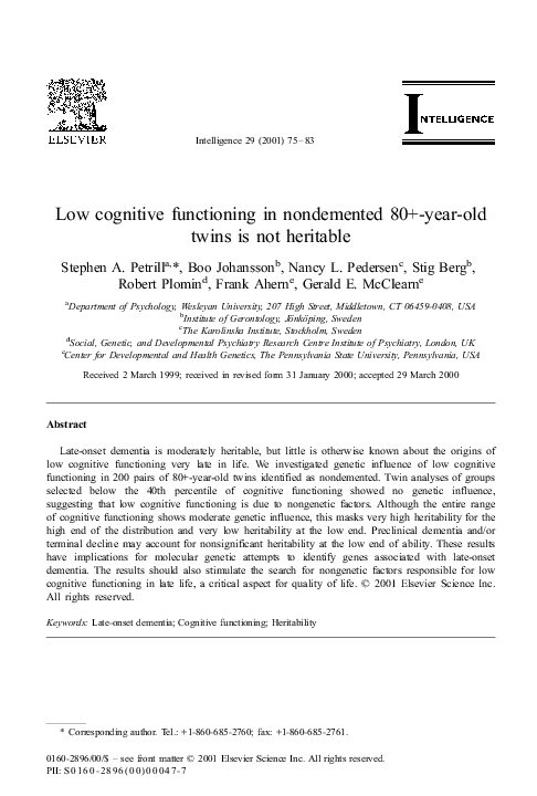 (PDF) Low cognitive functioning in nondemented 80+-year-old twins is ...