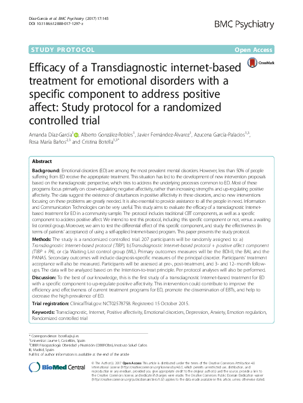 (PDF) Efficacy of a Transdiagnostic internet-based treatment for emotional disorders with a ...