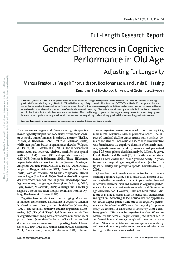 (PDF) Gender Differences in Cognitive Performance in Old Age (PDF) Gender Differences in Cognitive Performance in Old Age