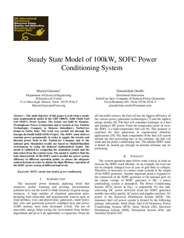 (PDF) Steady State Model of 100kWe SOFC Power Conditioning System