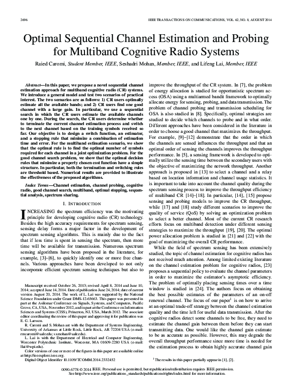 (PDF) Optimal Sequential Channel Estimation and Probing for Multiband Cognitive Radio Systems ...