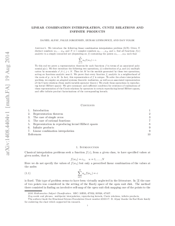 (PDF) Linear combination interpolation, Cuntz relations and infinite products