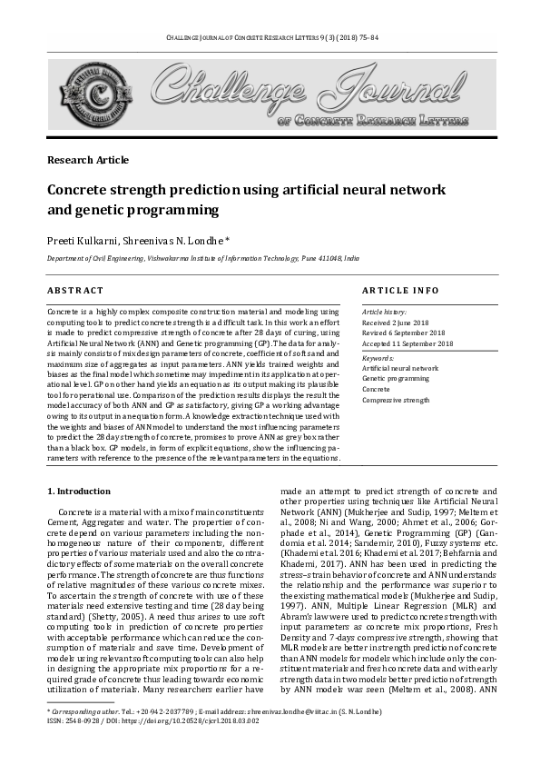 Pdf Concrete Strength Prediction Using Artificial Neural Network And Genetic Programming