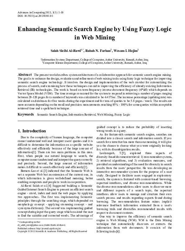Pdf Enhancing Semantic Search Engine By Using Fuzzy Logic In Web Mining