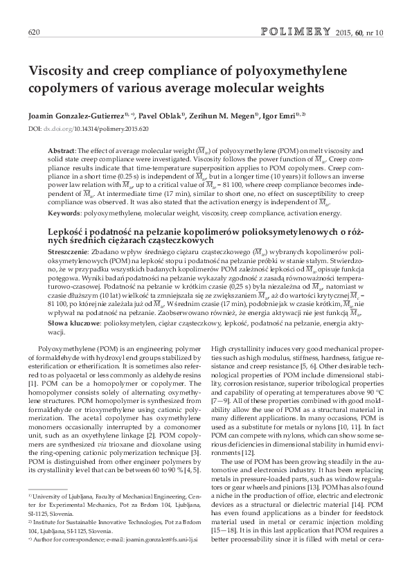 (PDF) Viscosity and creep compliance of polyoxymethylene copolymers of ...