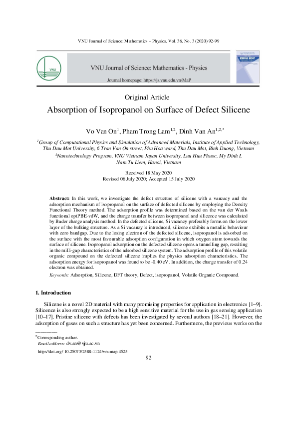 (PDF) Absorption of Isopropanol on Surface of Defect Silicene