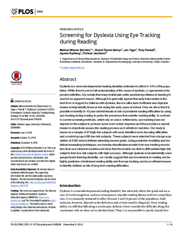 (PDF) Screening for Dyslexia Using Eye Tracking during Reading