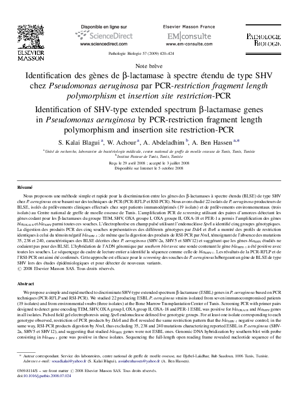 (PDF) Identification des gènes de β-lactamase à spectre étendu de type ...