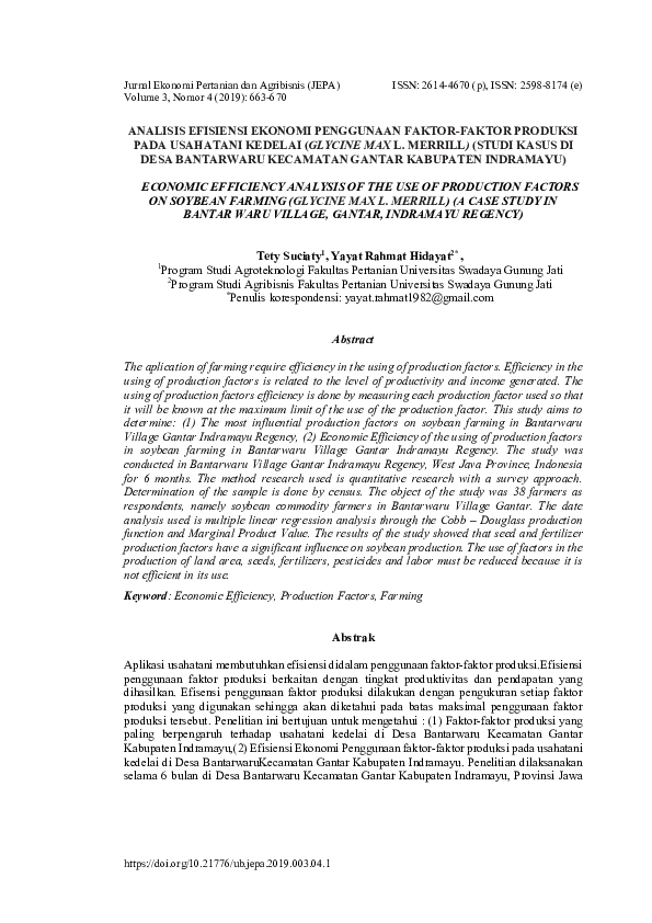 (PDF) Analisis Efisiensi Ekonomi Penggunaan Faktor-Faktor Produksi pada Usahatani Kedelai ...