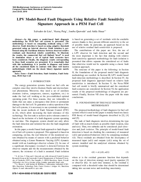Pdf Lpv Model Based Fault Diagnosis Using Relative Fault Sensitivity Signature Approach In A