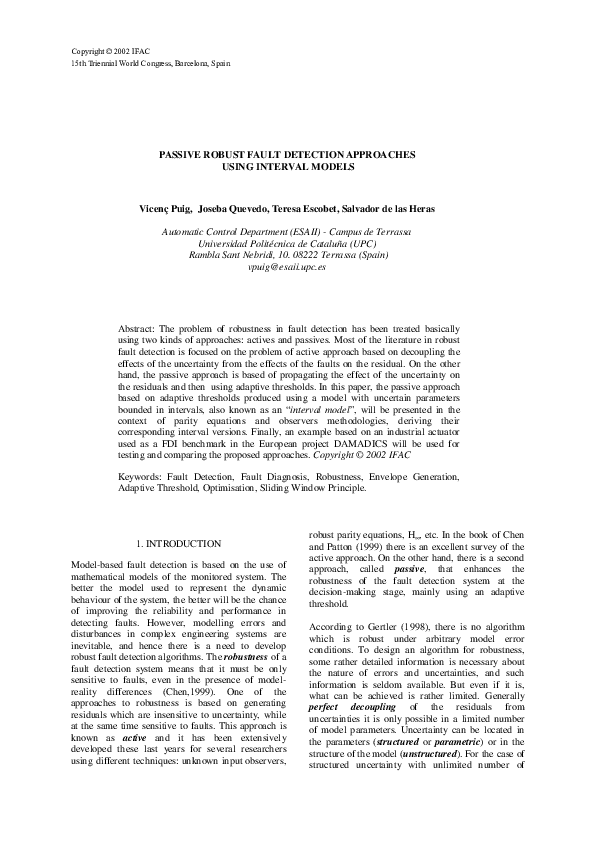 Pdf Passive Robust Fault Detection Approaches Using Interval Models