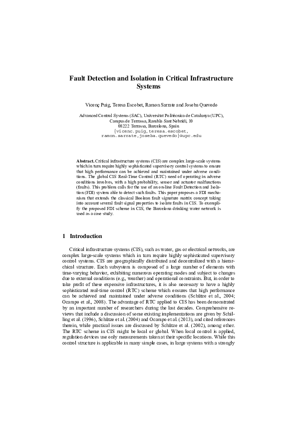 Pdf Fault Detection And Isolation In Critical Infrastructure Systems Joseba Quevedo