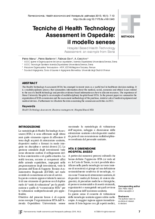 (PDF) Hospital Based Health Technology Assessment: an example from Siena