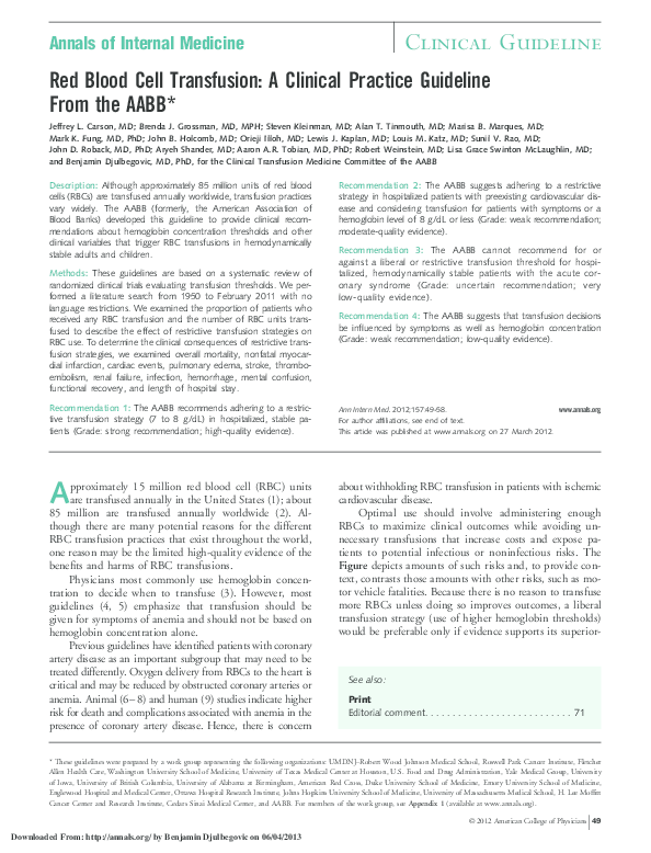 (PDF) Red Blood Cell Transfusion: A Clinical Practice Guideline From ...
